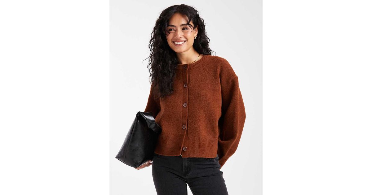 ASOS Boxy Crew Neck Cardigan With Side Split Detail in Brown | Lyst UK