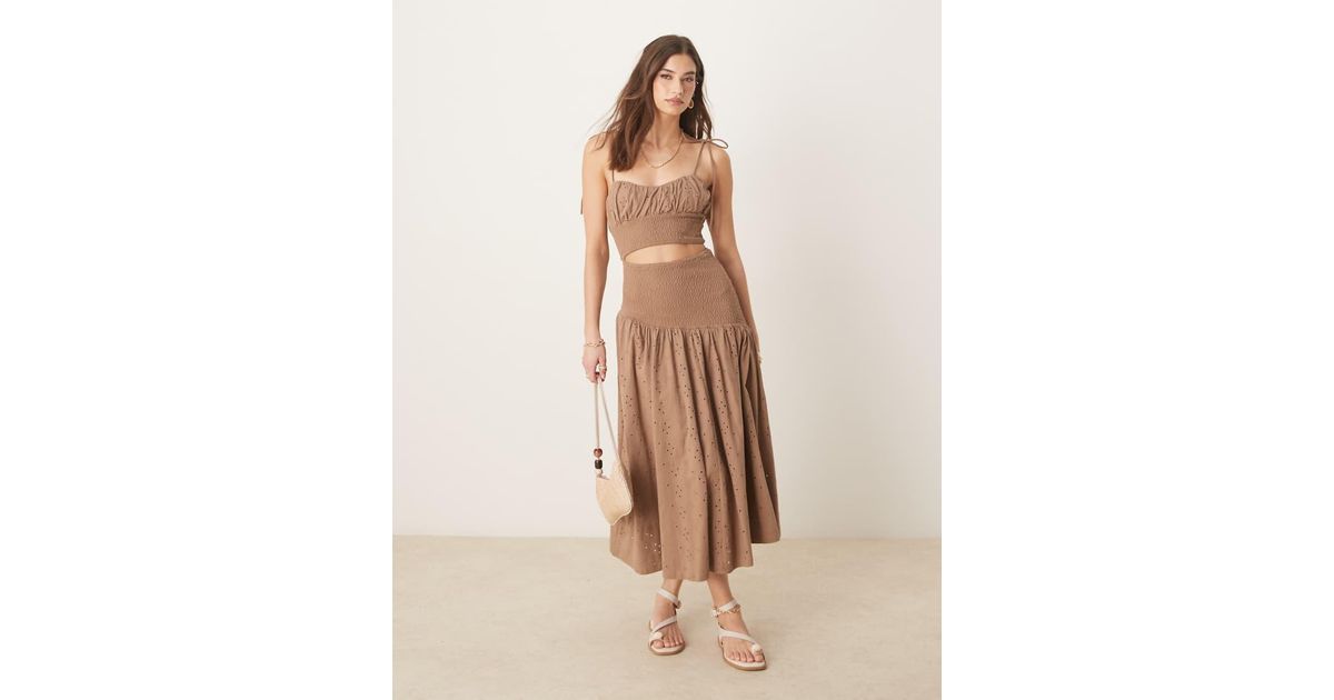 ASOS Broderie Cami Cut-out Ruched Waist Midi Dress in Natural | Lyst UK