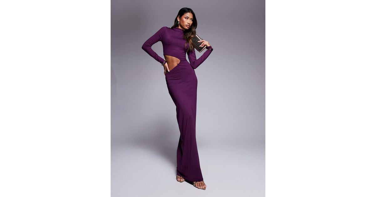 ASOS Long Sleeve High Neck Cut Out Maxi Dress in Purple | Lyst
