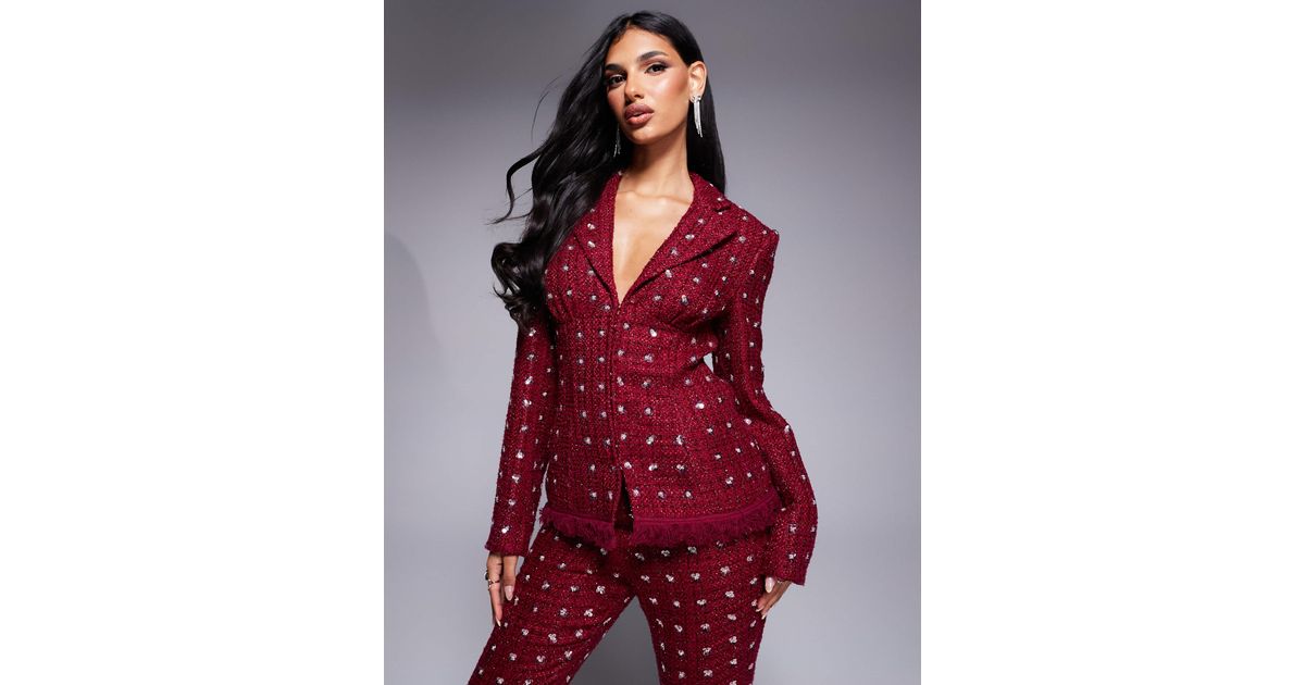 ASOS Embellished Boucle Blazer Co-Ord With Faux Feather Hem in Red | Lyst