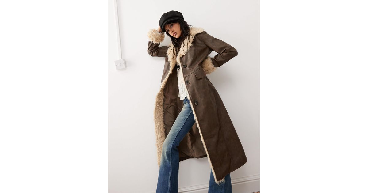 Reclaimed (vintage) Longline Leather Look Coat With Faux Fur Trims in Brown | Lyst