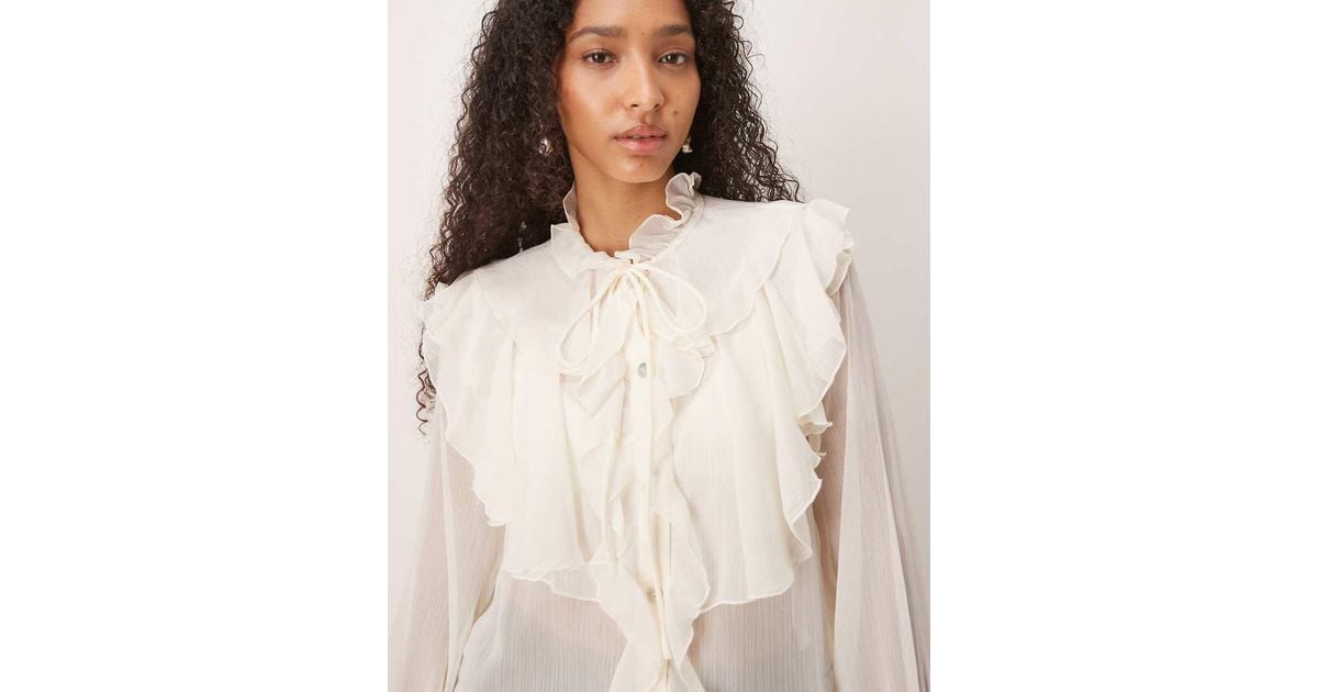Glamorous Button Up Tie Front Ruffle Blouse in Natural | Lyst UK