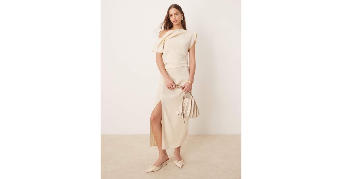 ASOS Fallen Shoulder Strap Detail Drape Midi Dress in Natural | Lyst UK