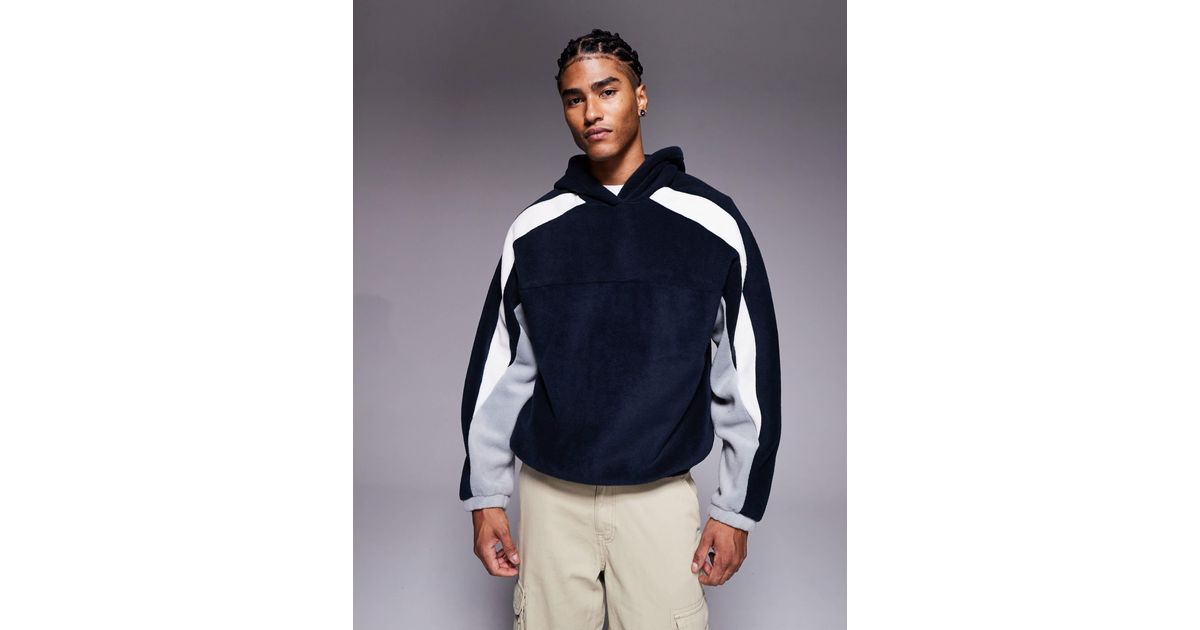ASOS Relaxed Fleece Hoodie With Colour Block in Blue for Men | Lyst