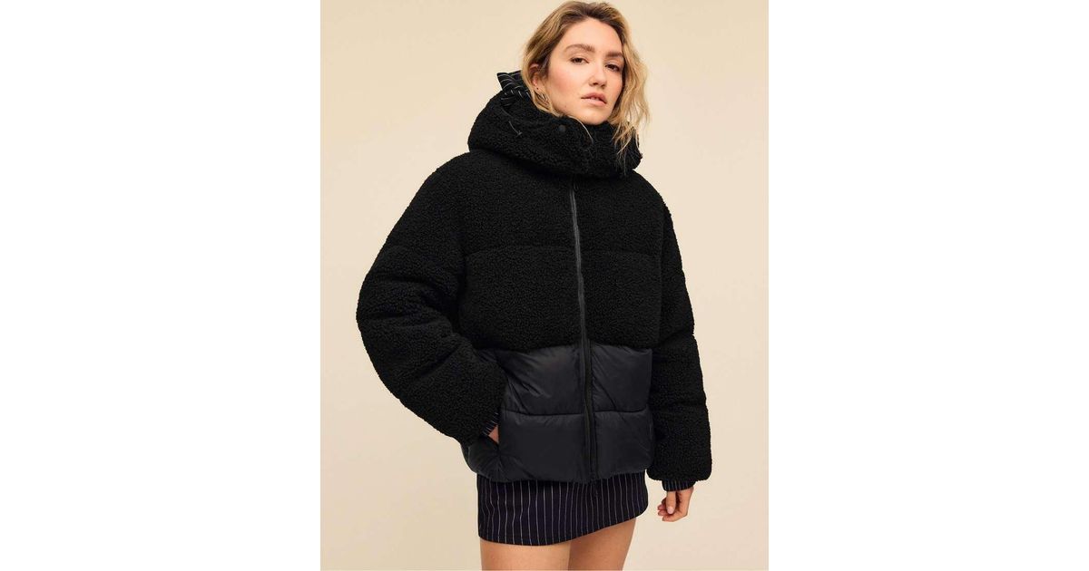 Stradivarius Combined Padded Coat With Faux Sheepskin Effect in Black ...