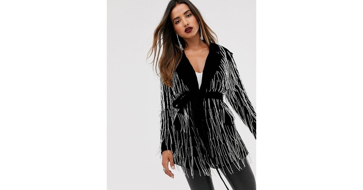 ASOS Velvet Beaded Fringe Blazer in Black | Lyst