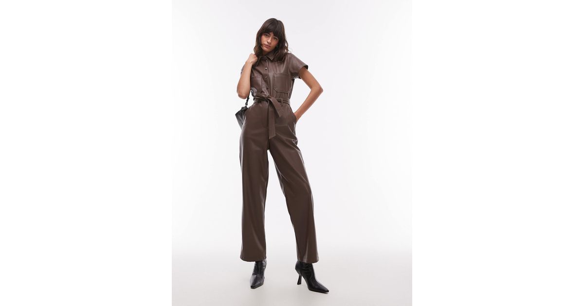 TOPSHOP Short Sleeve Utility Faux Leather Jumpsuit in Green | Lyst