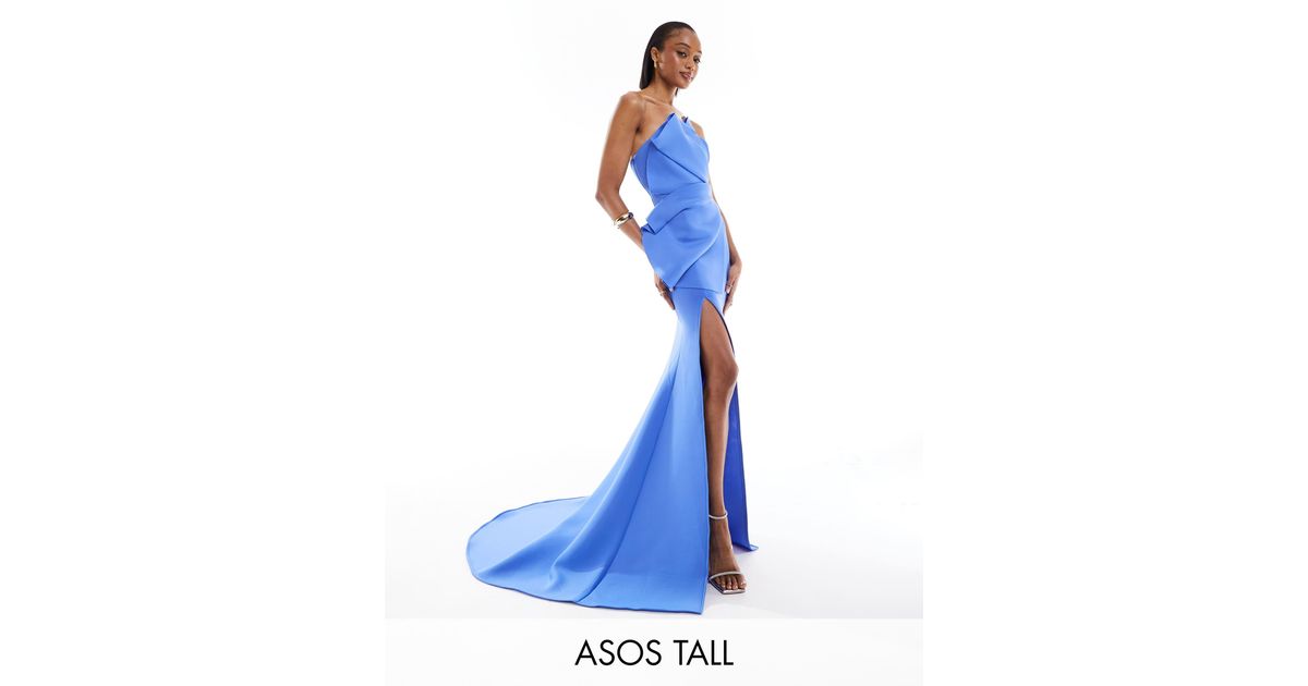 ASOS Bandeau Bodycon Maxi Dress with Train in Blue | Lyst