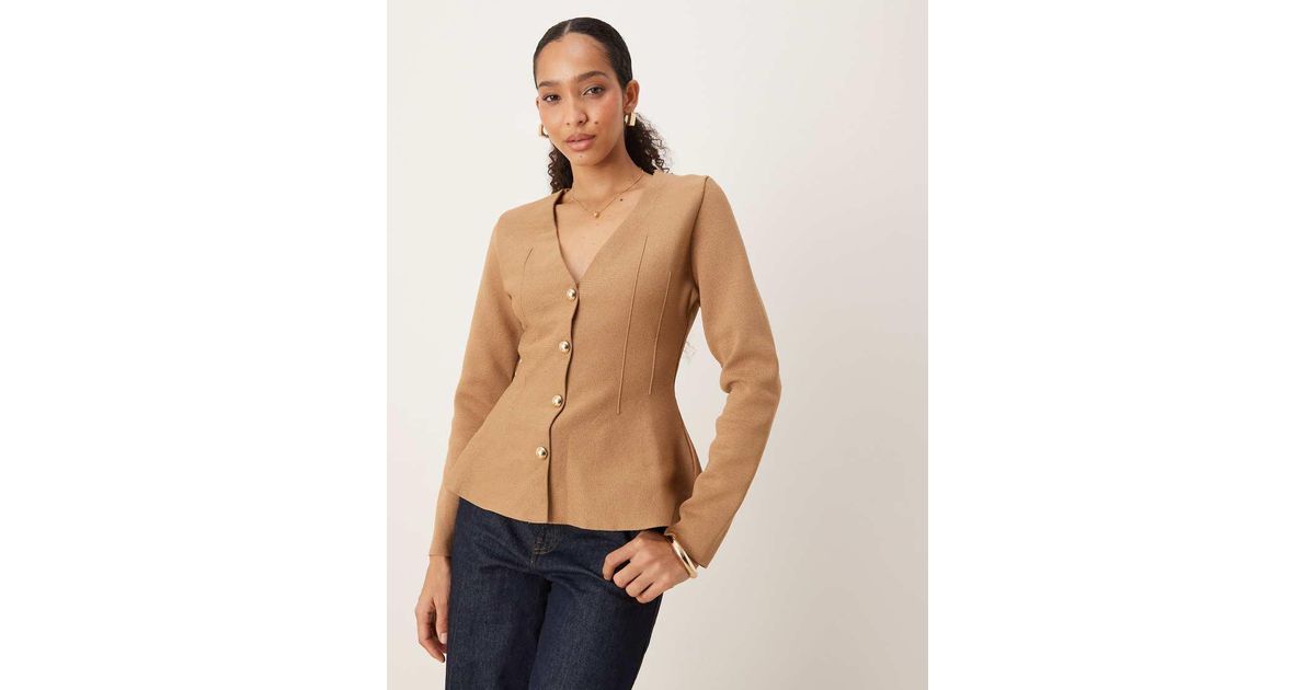 Mango Compact Knit Jacket With Flared Hem in Blue | Lyst UK