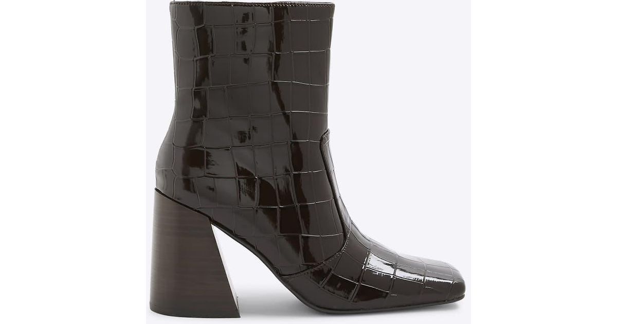 River Island Croc Texture Flared Block Heel Boots in Brown | Lyst UK