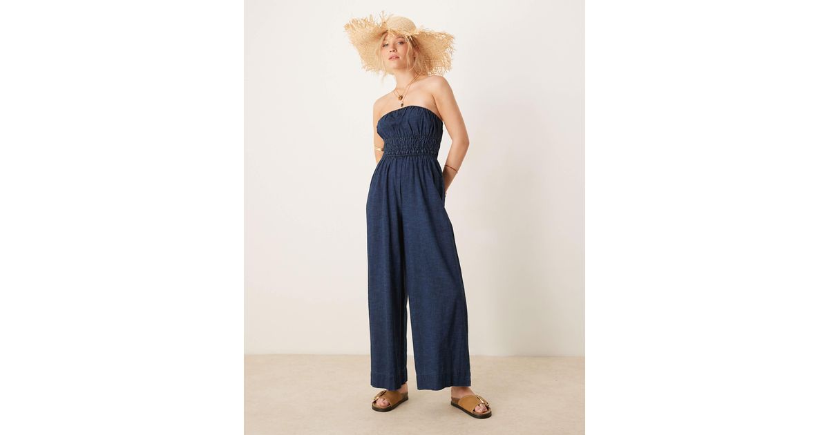 ASOS Soft Denim Strapless Wide Leg Jumpsuit With Shirring Waist in Blue ...