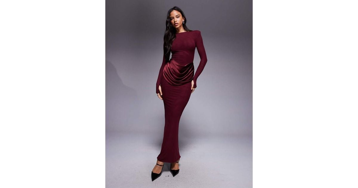 Wanderdoll Eman Slash Neck Satin Drape Waist Detail Long Sleeve Bodycon ...