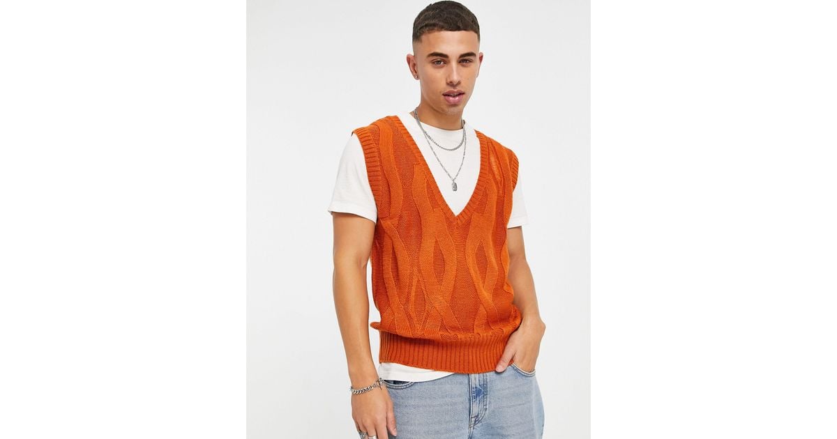 Another Influence Cable Knit Sweater Vest in Orange for Men | Lyst