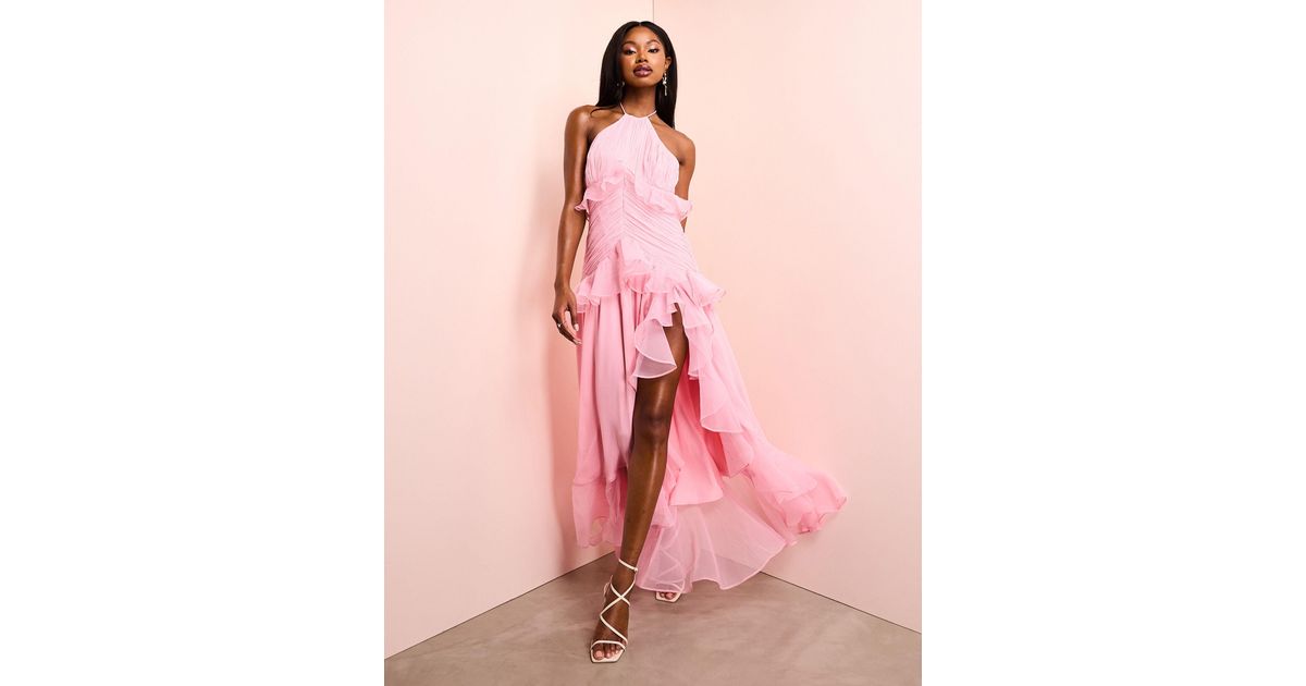 ASOS Organza Ruched Halter Neck Maxi Dress in Pink | Lyst