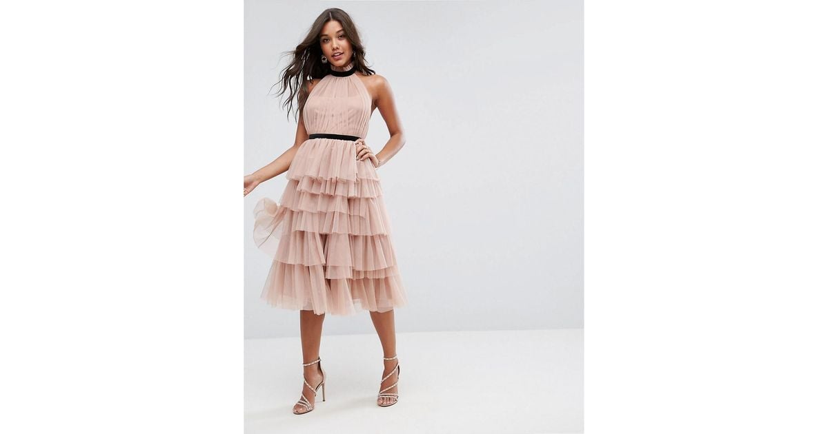 ASOS Premium High Neck Tiered Tulle Midi Prom Dress in Pink | Lyst ASOS Premium High Neck Tiered Tulle Midi Prom Dress in Pink | Lyst