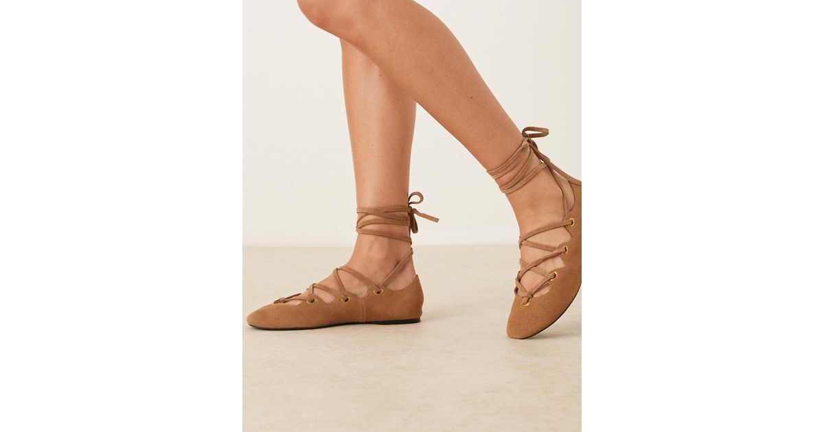 Mango Suede Lace Up Flat Shoe in Natural | Lyst