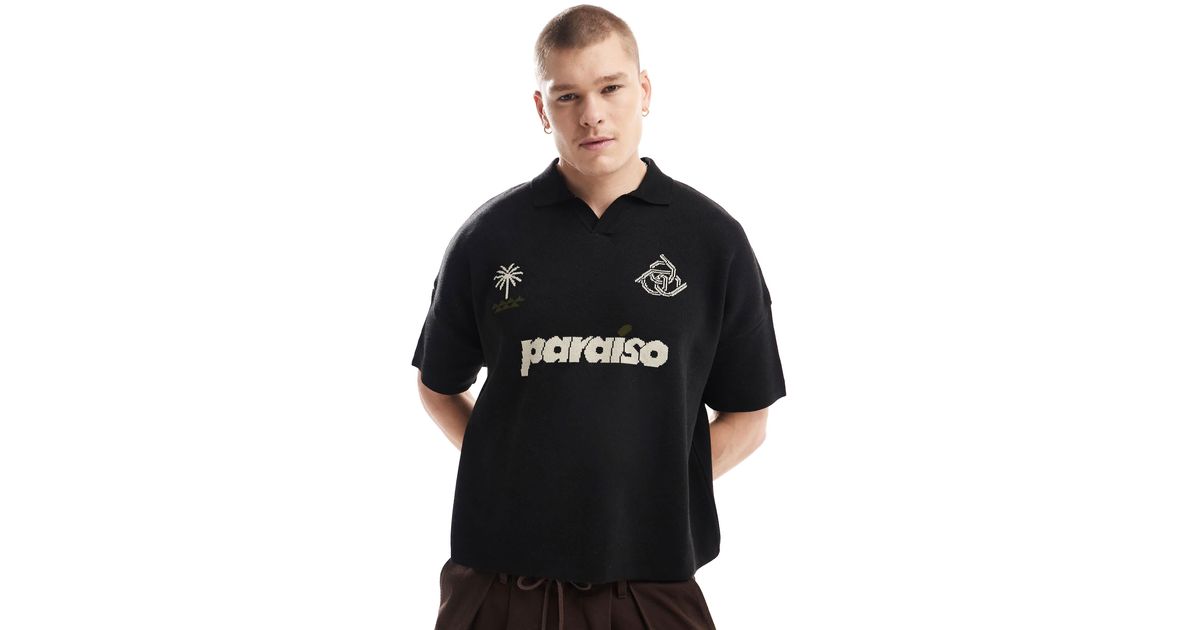 ASOS Knitted Oversized Boxy Polo With Paraiso Chest Print in Black for ...