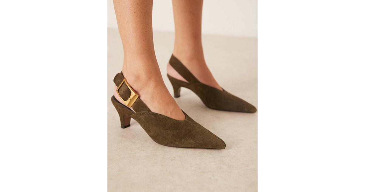 ASOS Shiloh Large Buckle Detail Slingback Kitten Heel Shoes in Natural ...