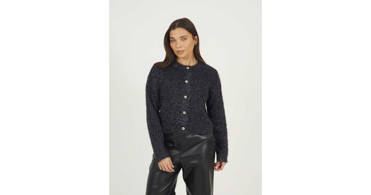 Brave Soul Fluffy Tinsel Knit Cardigan in Black | Lyst UK