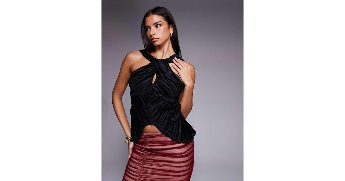 ASOS Plisse Halter Neck Top With Knot And Split Detail in Blue | Lyst UK