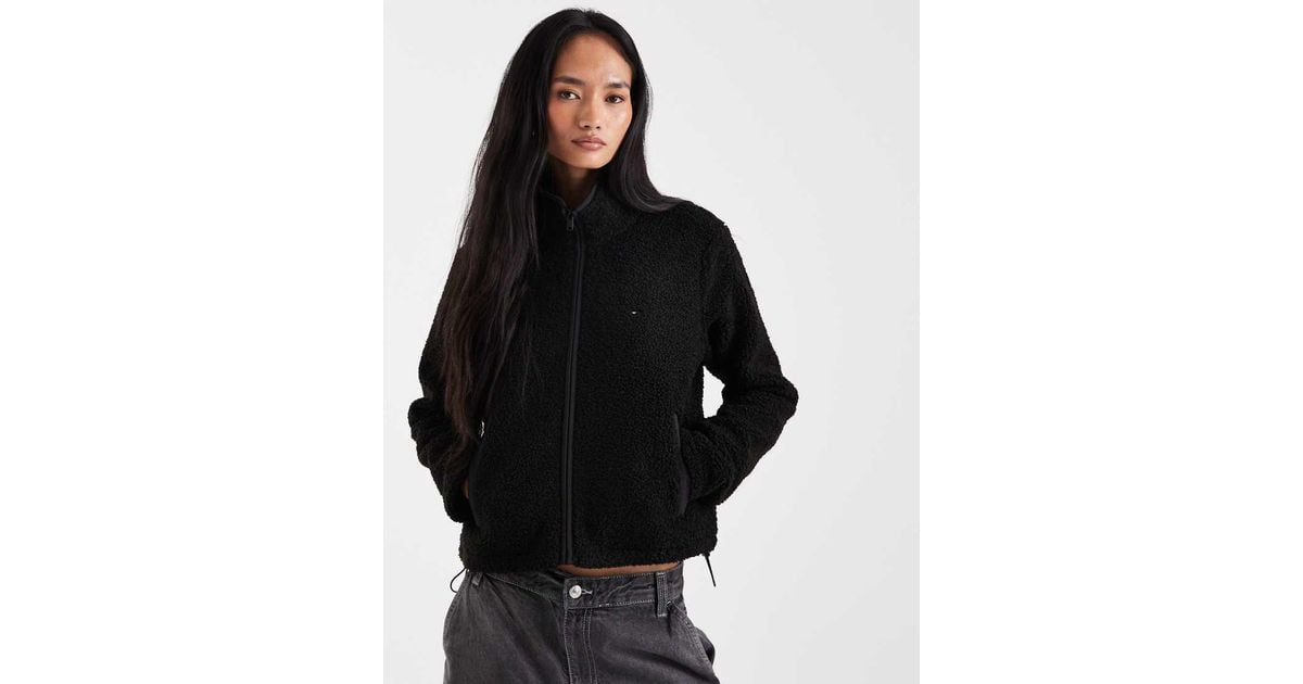 Tommy Hilfiger Flag Logo Teddy Zip Up Coat in Black | Lyst UK