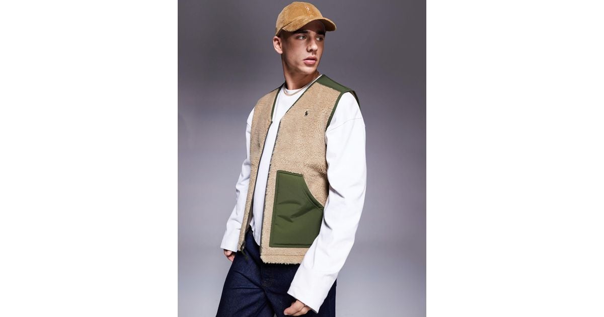 Polo Ralph Lauren Icon Logo Sherpa Borg Gilet in Gray for Men | Lyst