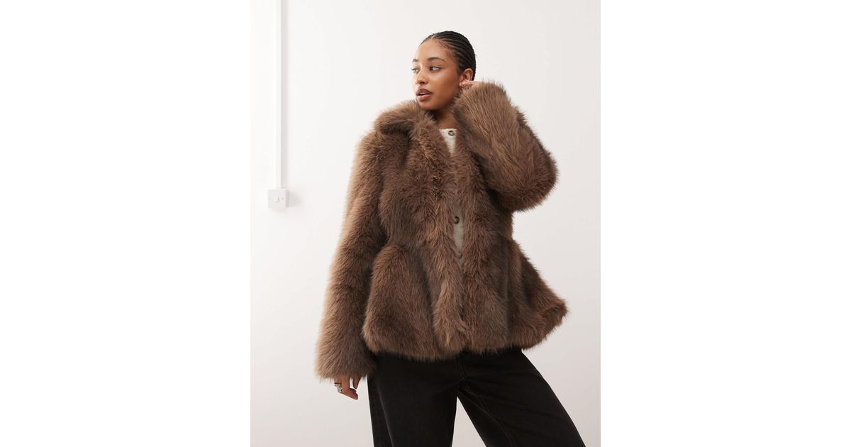 Monki Faux Fur Jacket With Peplum Hem in Brown | Lyst