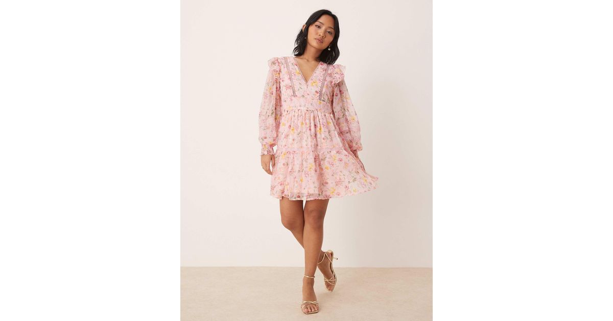 Vila Ladder Lace Frill Detail Mini Dress in Pink | Lyst