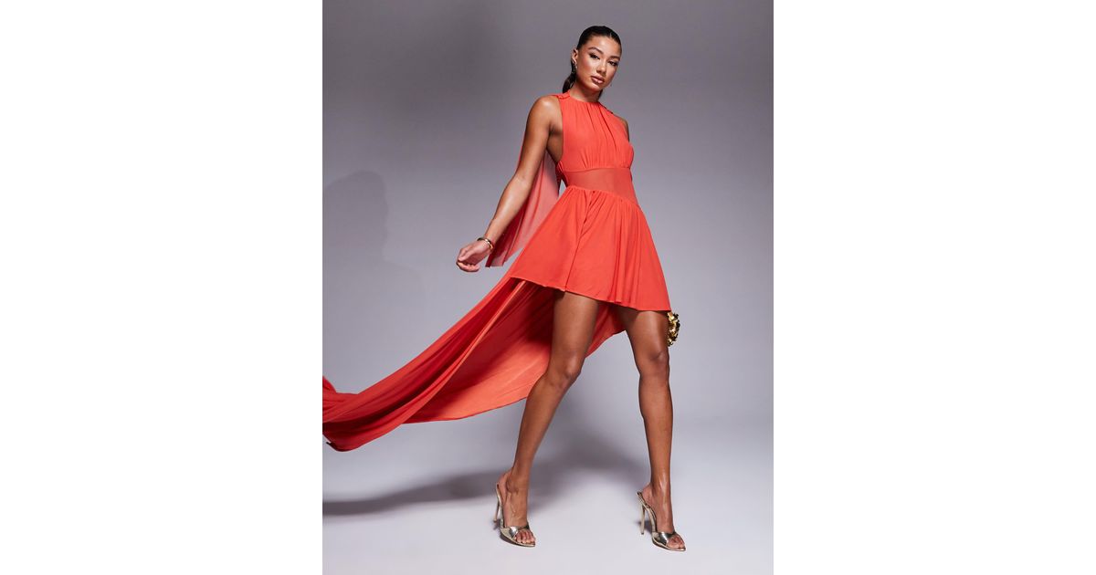 ASOS Mesh Fabric Mix Mini Dress With Draped Sleeves And Asymmetric ...