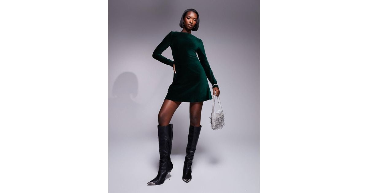 ASOS Velvet Cord V Back Skater Mini Dress in Green | Lyst