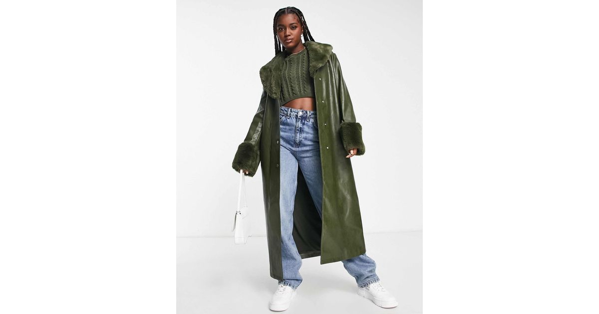 The Frolic Faux Fur Trim Longline Coat in Green | Lyst