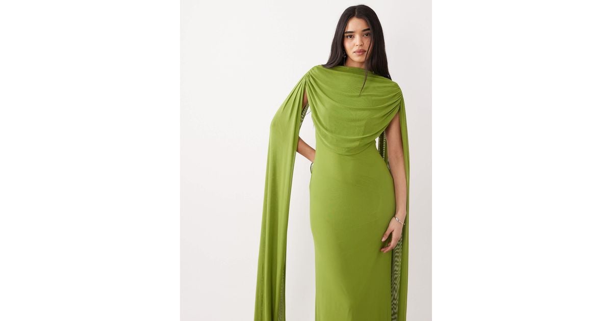 ASOS Mesh Cape Draped Maxi Dress in Green | Lyst