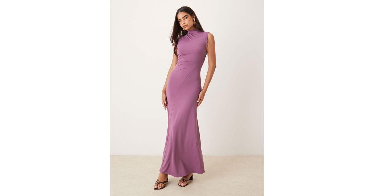 ASOS High Neck Seamed Drape Maxi Dress in Pink | Lyst