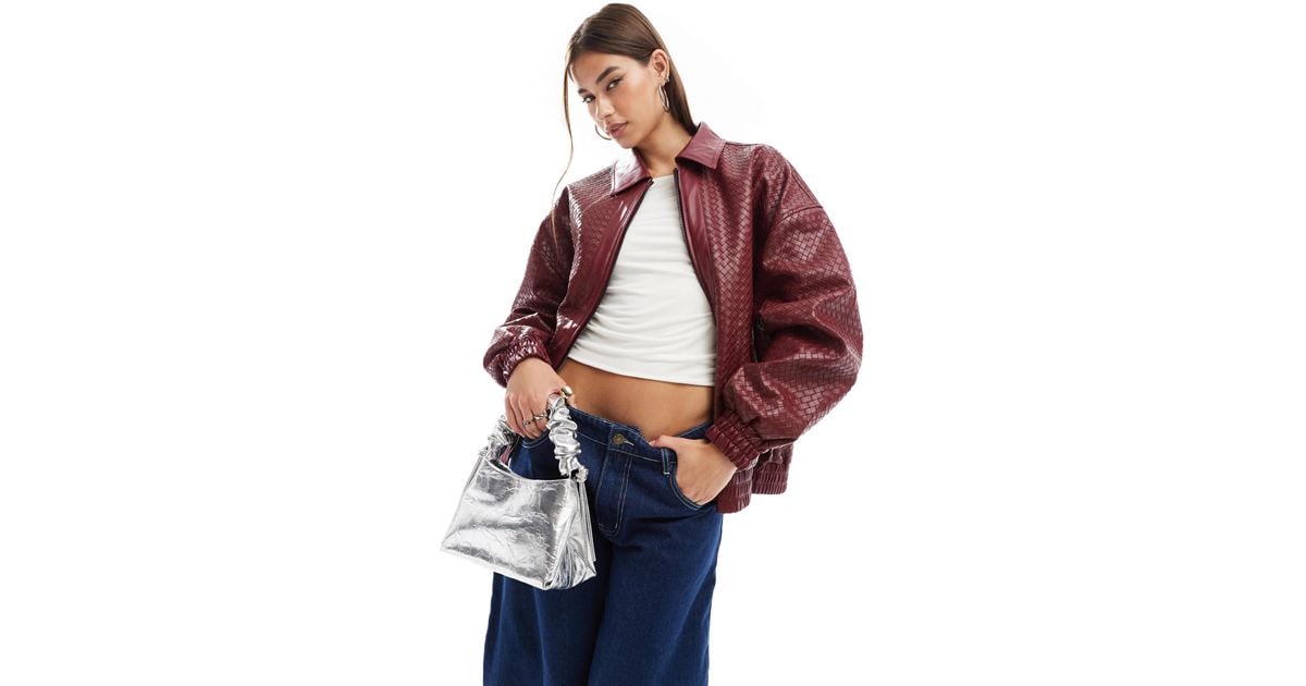 Lioness Leather Look Weave Detail Bomber Jacket in Red | Lyst UK