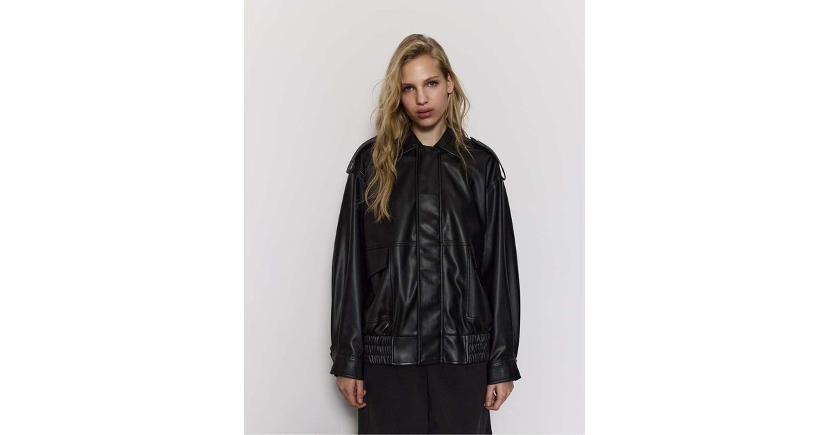 Stradivarius Oversize Leather Effect Biker Jacket in Black | Lyst UK