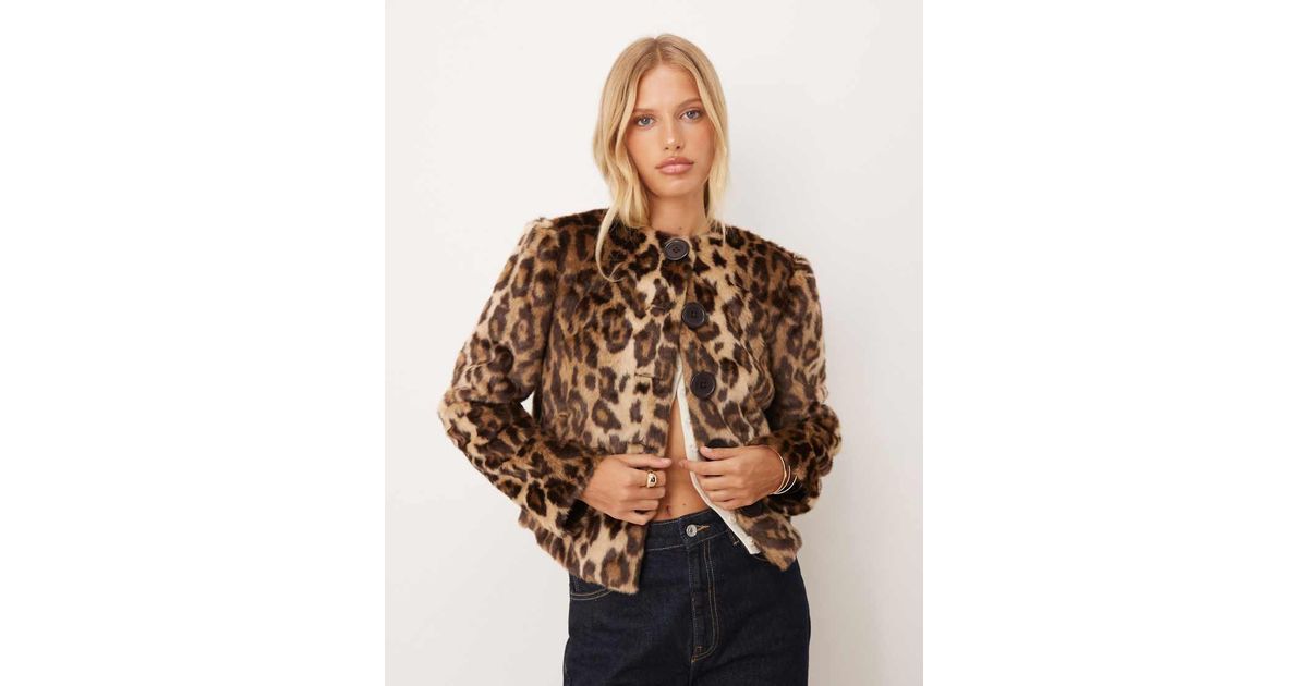 House Of Sunny Collarless Leopard Print Faux Fur Jacket in Natural ...