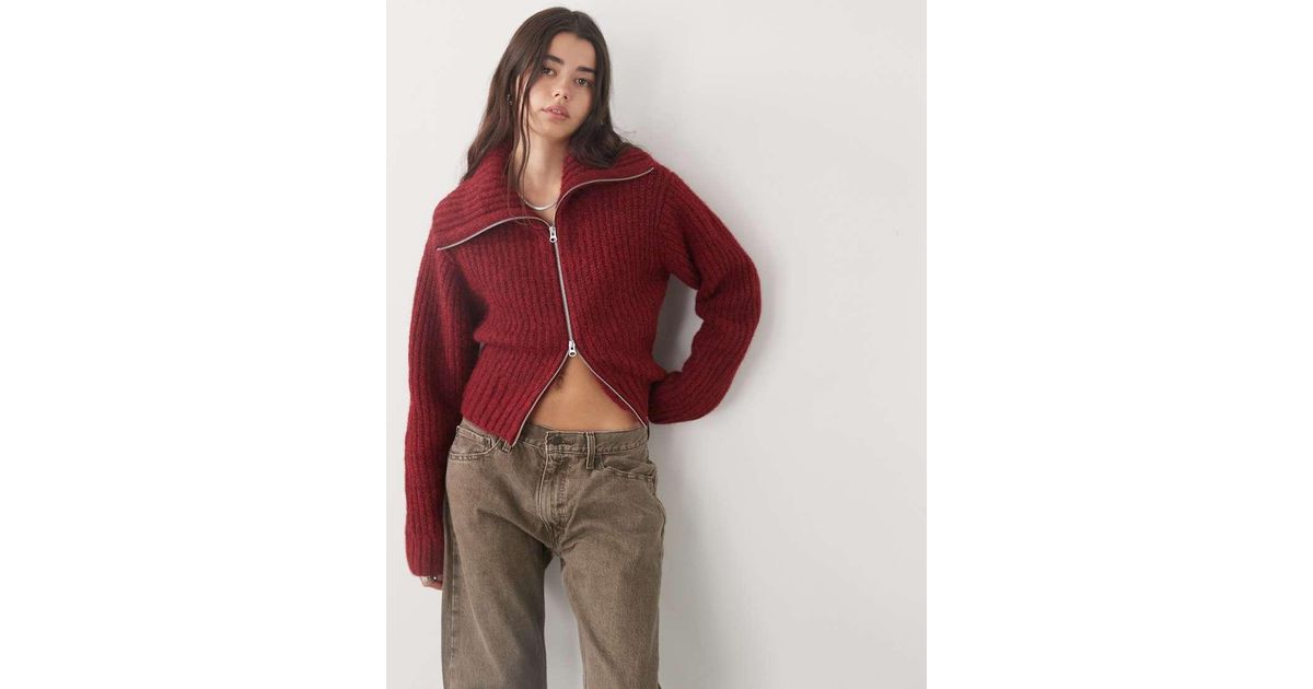 Weekday Chunky Rib Hem Zip Up Cardigan in Red | Lyst UK
