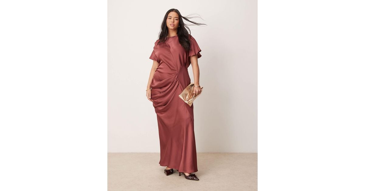 ASOS Asos Design Curve Satin Flutter Sleeve Maxi Dress in Red | Lyst