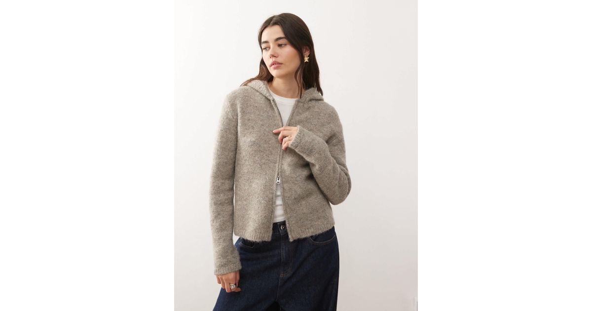 Weekday Knitted Zip Through Cardigan With Hood in Natural | Lyst