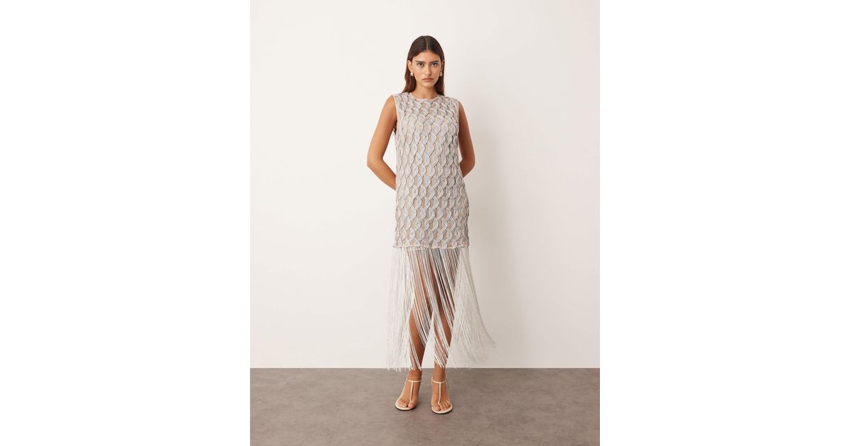 ARRANGE Lattice Grid Mini Dress With Fringe Hem in Natural | Lyst