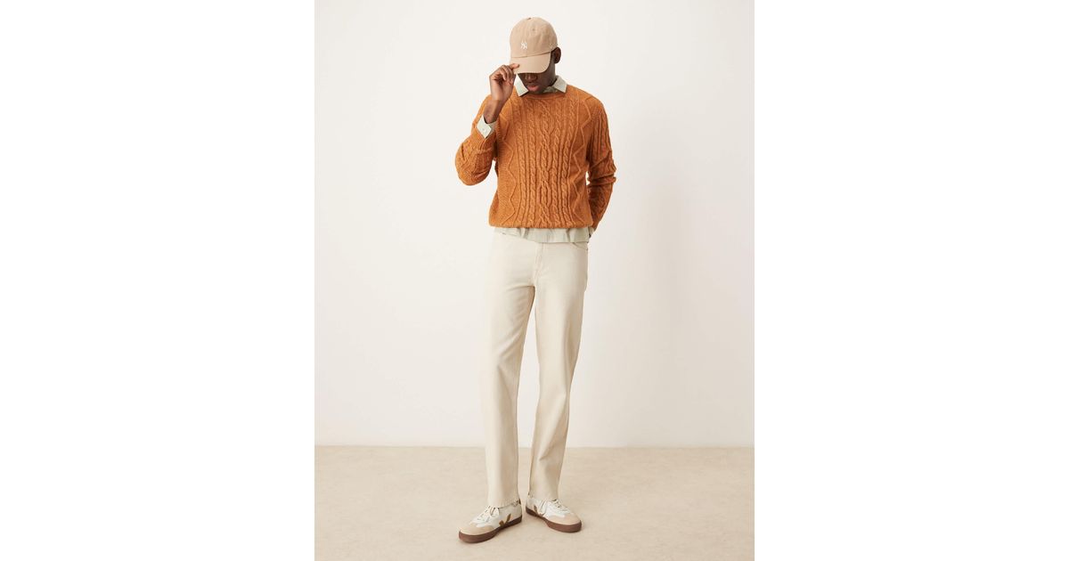 ASOS Heavyweight Cable Knit Crew Neck Sweater in Natural for Men | Lyst