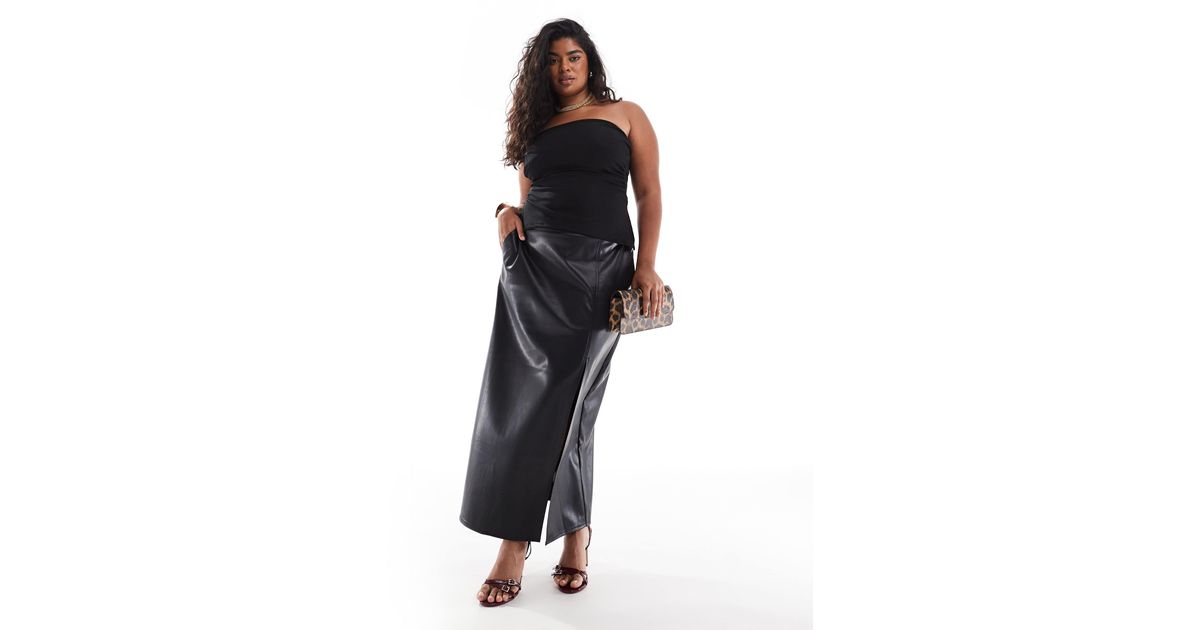 ASOS Asos Design Curve Leather Look Maxi Skirt With Side Split in Black ...