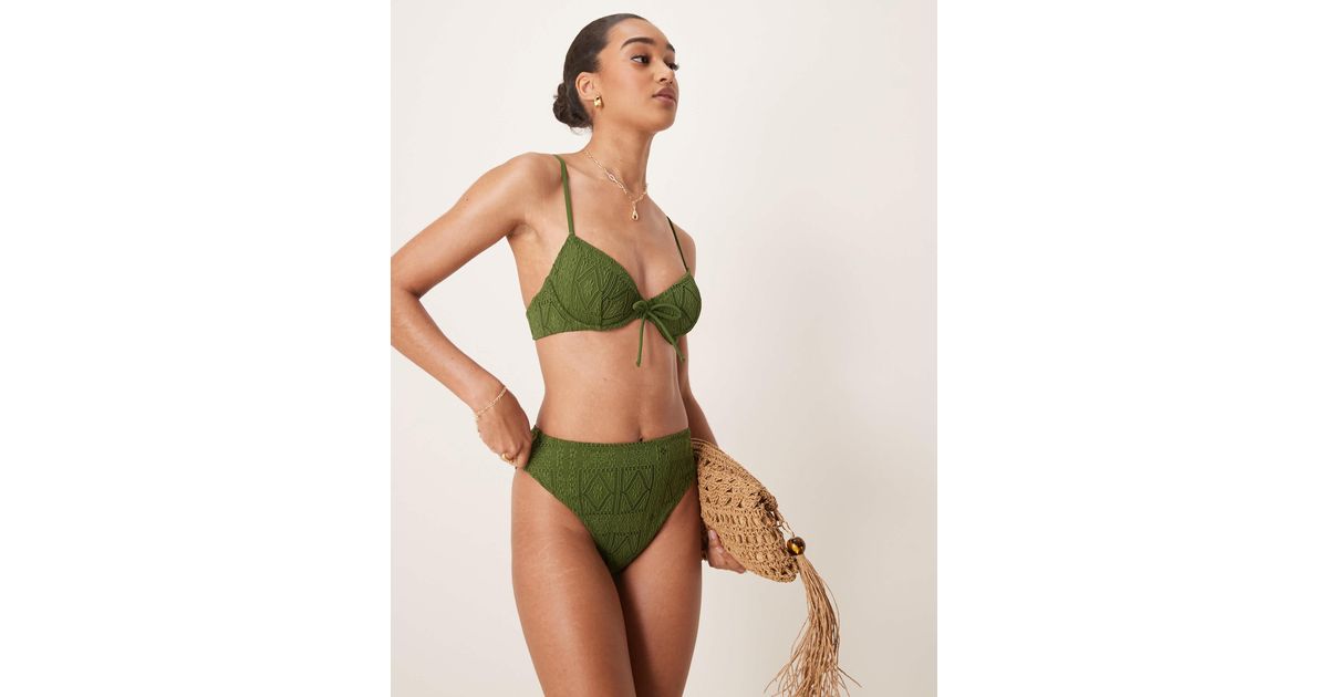 ASOS Bertie Broderie High Leg High Waist Bikini Bottom in Green | Lyst