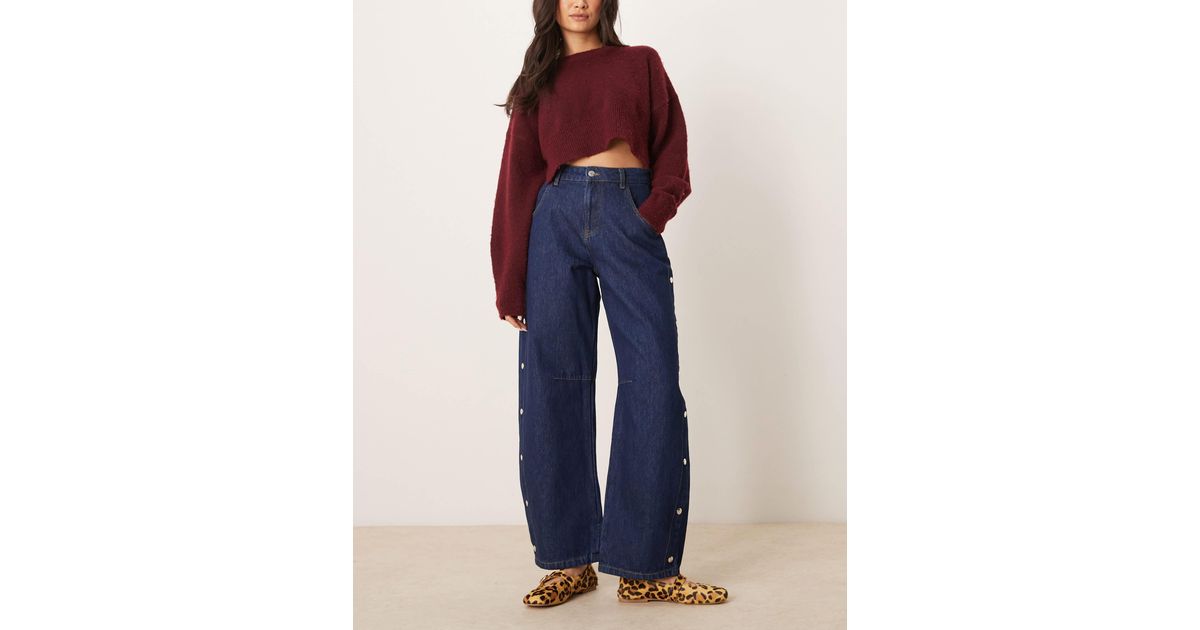 ASOS Cropped Barrel Leg Jean With Snap Details in Blue | Lyst