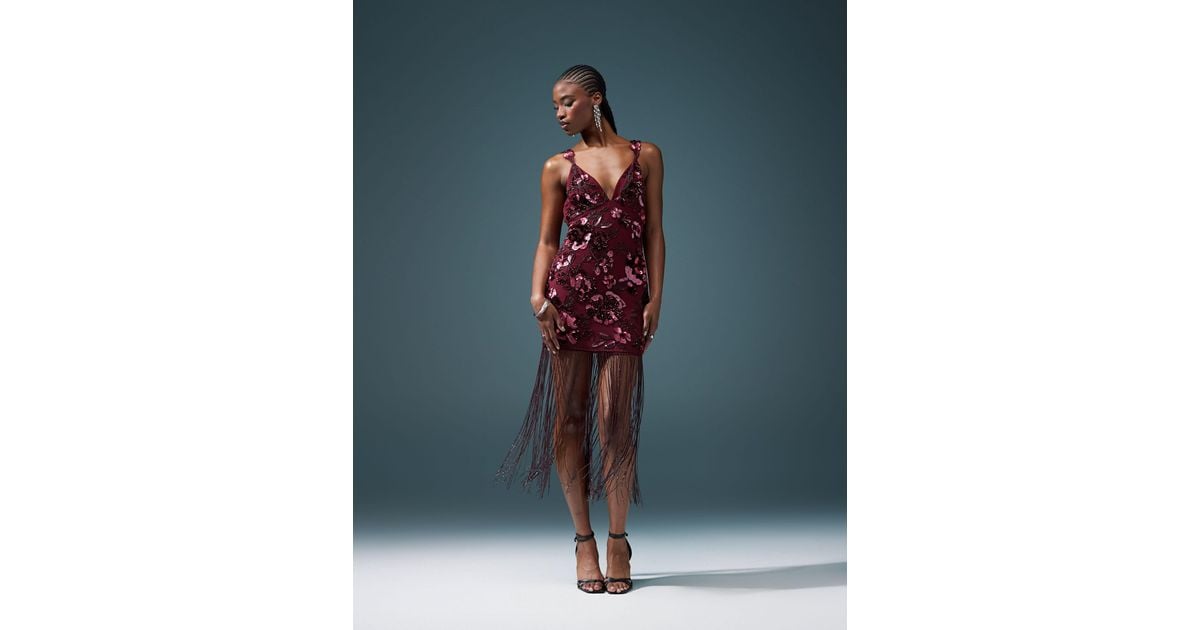 ASOS Floral Embellished Mini Dress With Beaded Fringe in Blue | Lyst