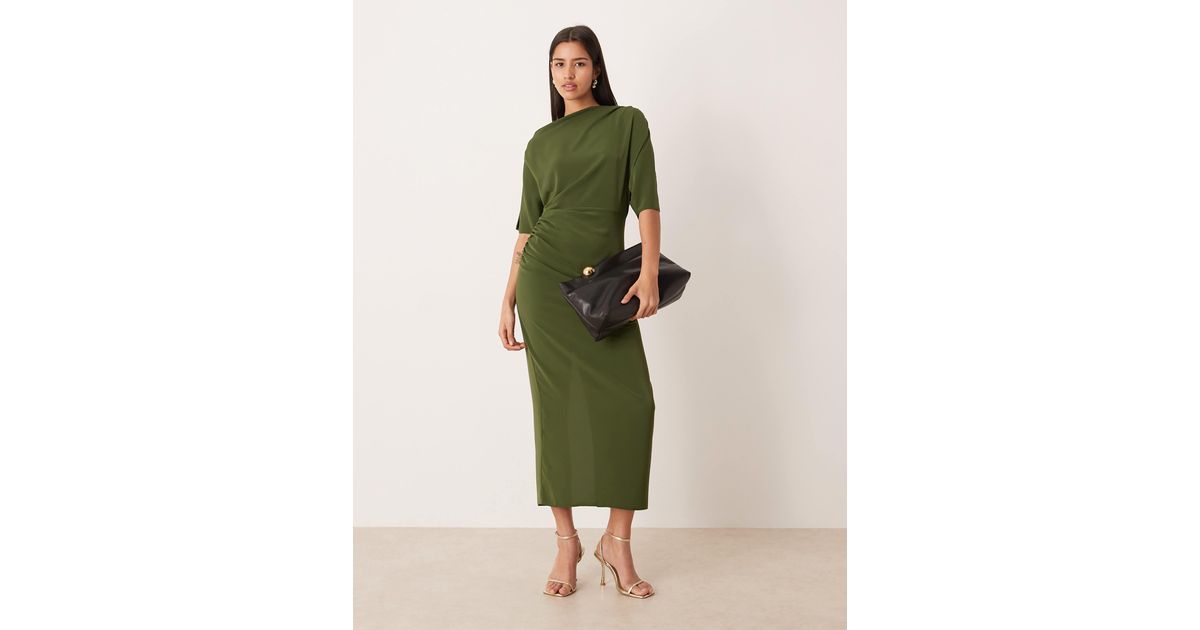 ASOS Drop Shoulder Draped Slinky Midi Dress in Green | Lyst