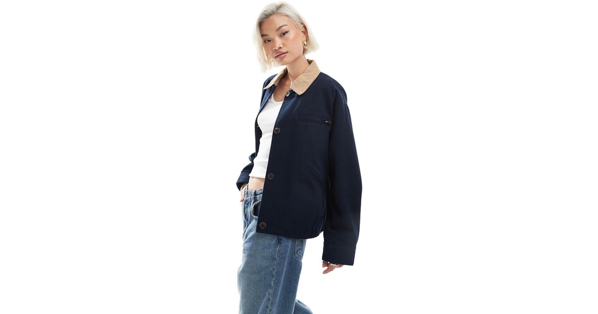 ASOS Bomber Barn Jacket With Camel Collar in Blue | Lyst
