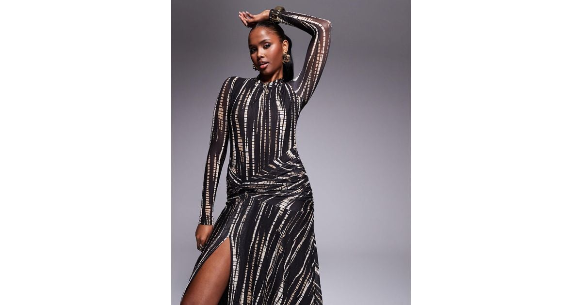 Bardot Printed Sheer Mesh Maxi Dress With Twist Side in Gray | Lyst