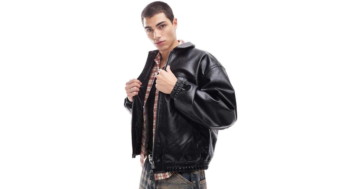 Bershka Faux Leather Washed Bomber Jacket in Black for Men | Lyst UK