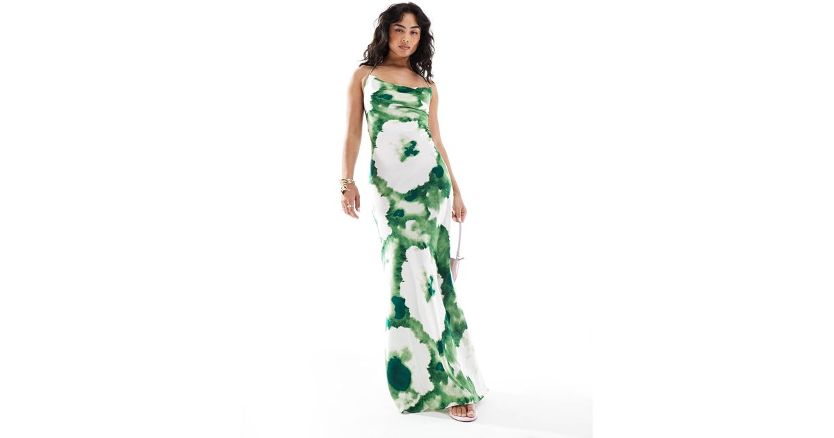 Object Satin Low Cross Back Maxi Slip Dress in Green | Lyst